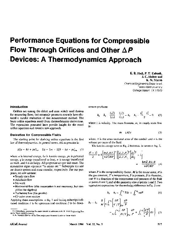 (PDF) Performance equations for compressible flow through orifices and otherΔP devices: A ...