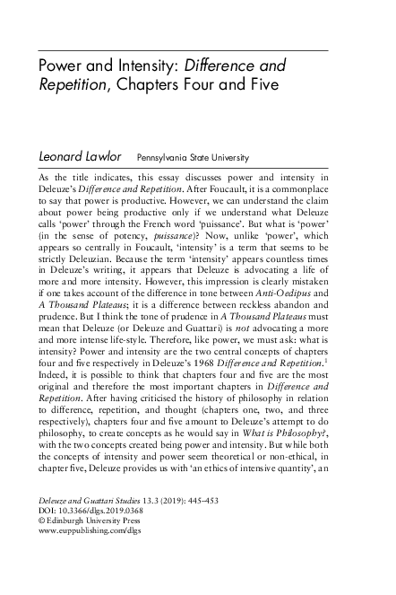 (PDF) Power and Intensity: Difference and Repetition, Chapters Four and ...