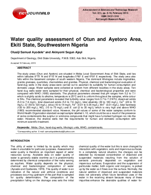 (PDF) Water quality assessment of Otun and Ayetoro Area, Ekiti State, Southwestern Nigeria