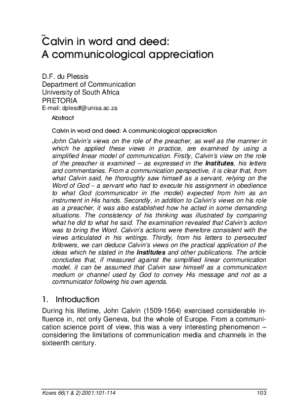 (PDF) Calvin in word and deed: A communicological appreciation