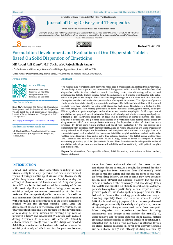 Pdf Formulation Development And Evaluation Of Oro Dispersible Tablets Based On Solid