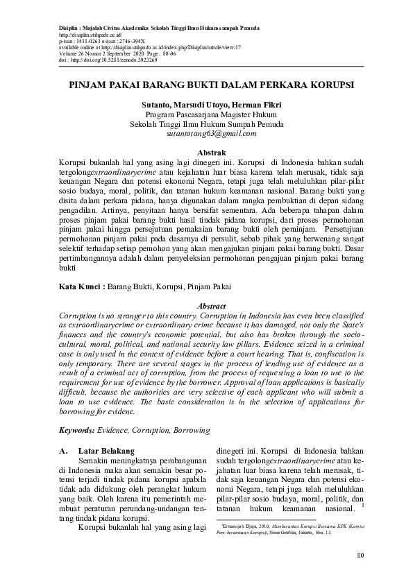 (PDF) Pinjam Pakai Barang Bukti Dalam Perkara Korupsi