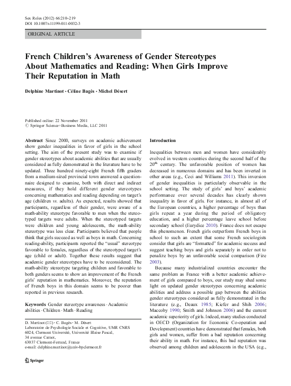 (PDF) French Children’s Awareness of Gender Stereotypes About ...