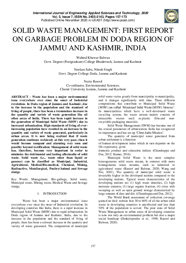(PDF) Solid Waste Management: First Report on Garbage Problem in Doda ...