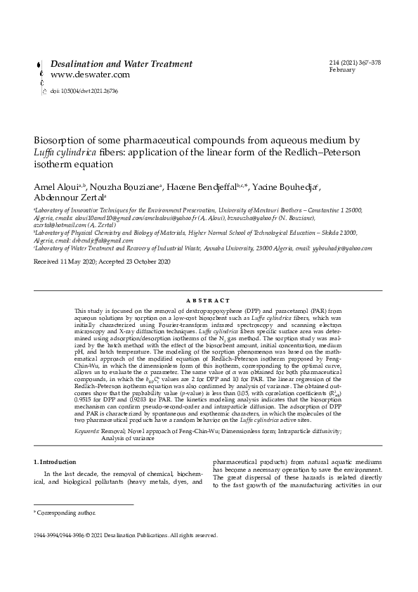 (PDF) Biosorption of some pharmaceutical compounds from aqueous medium ...
