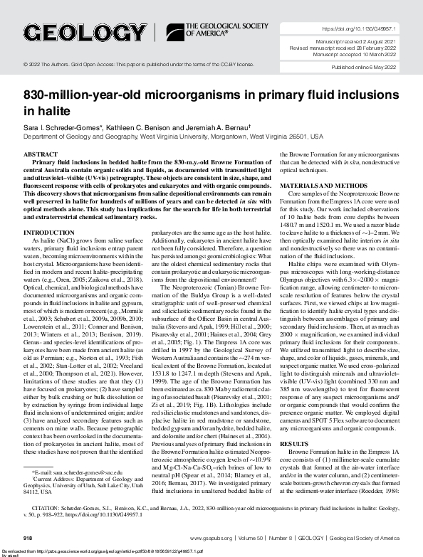 (PDF) 830-MILLION-YEAR-OLD Microorganisms in Primary Fluid Inclusions ...