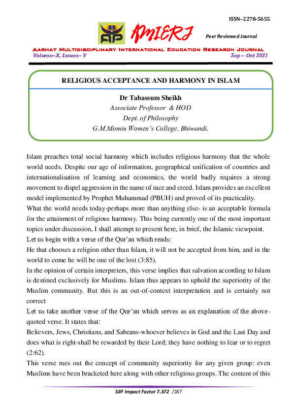 (PDF) Religious Acceptance and Harmony in Islam