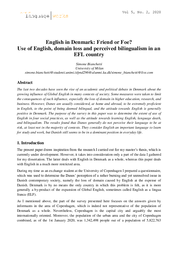 (PDF) English in Denmark: Friend or Foe? Use of English, domain loss ...