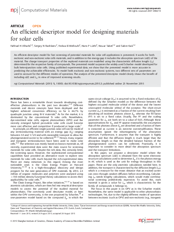(PDF) An efficient descriptor model for designing materials for solar cells