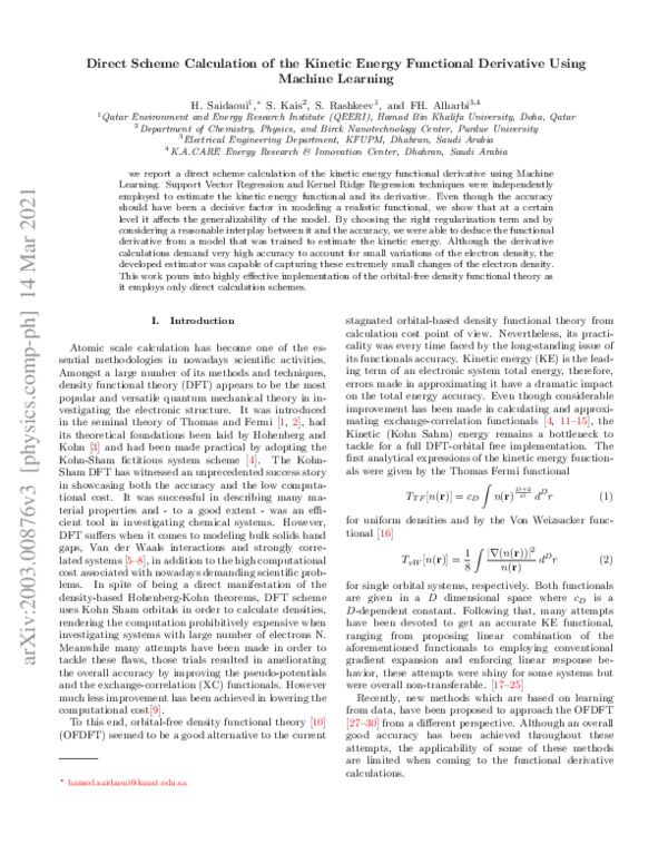 (PDF) Direct Scheme Calculation of the Kinetic Energy Functional Derivative Using Machine Learning