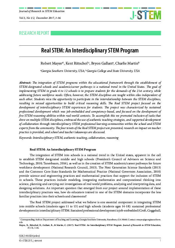 (PDF) Real STEM: An Interdisciplinary STEM Program