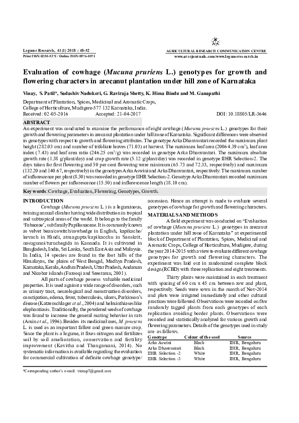 (PDF) Evaluation of cowhage (mucuna pruriens L.) genotypes for growth ...