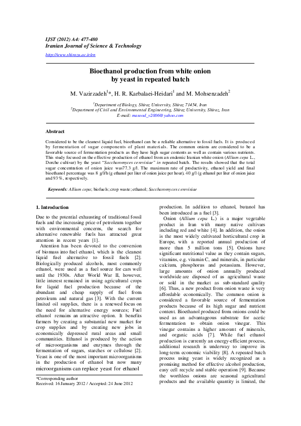 (PDF) Bioethanol production from white onion by yeast in repeated batch | masoud Vazirzadeh ...