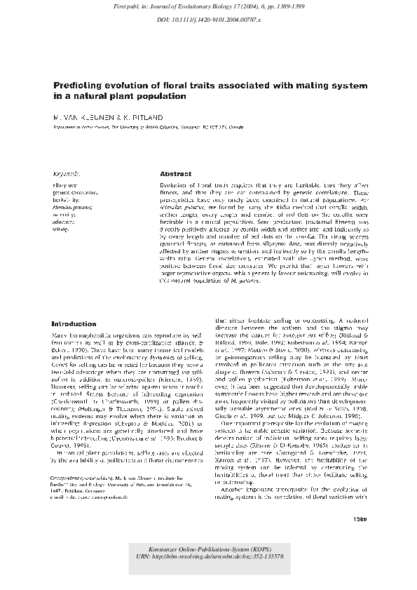 (PDF) Predicting evolution of floral traits associated with mating system in a natural plant ...