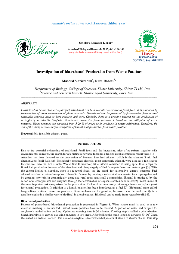 (PDF) Investigation of bio-ethanol Production from Waste Potatoes