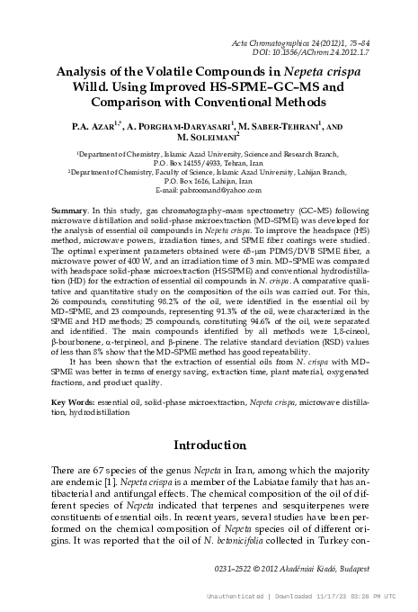 (PDF) Analysis of the volatile compounds in Nepeta crispa willd. Using improved HS-SPME-GC-MS ...
