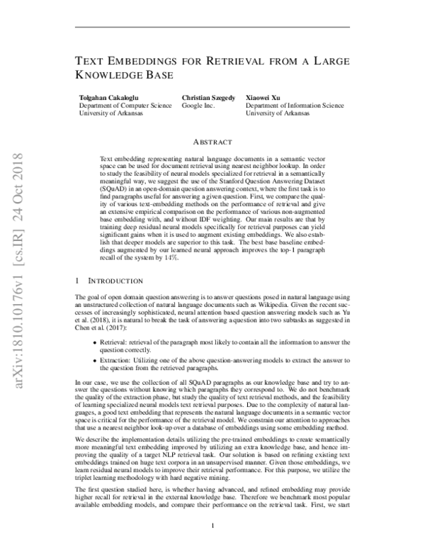 (PDF) Text Embeddings for Retrieval from a Large Knowledge Base