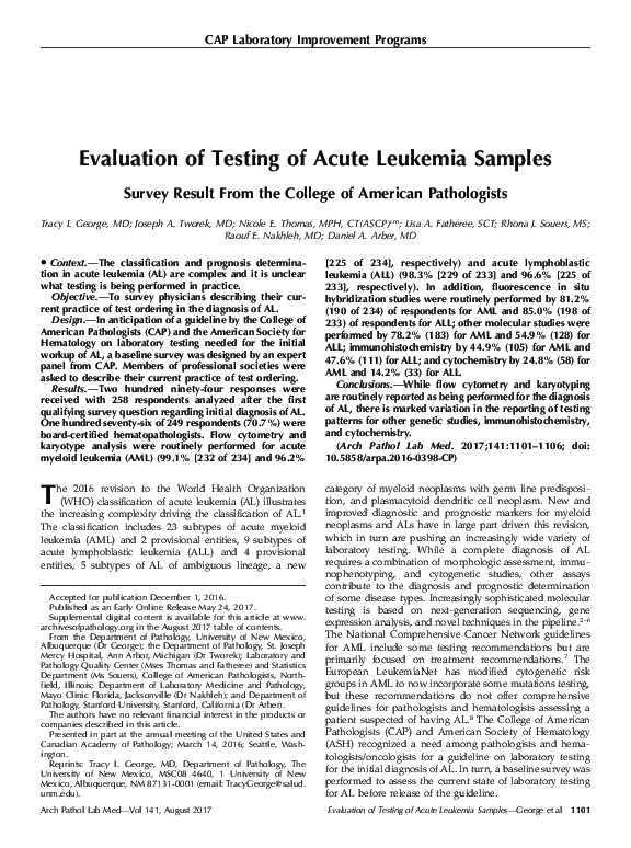 (PDF) Evaluation of Testing of Acute Leukemia Samples: Survey Result ...