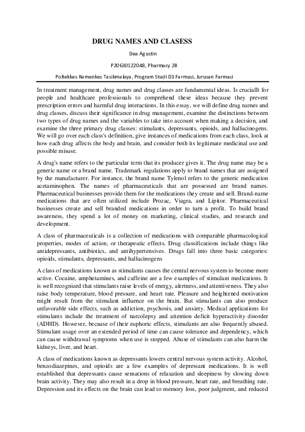 (PDF) DRUG NAMES AND CLASESS | Dea Agustin - Academia.edu