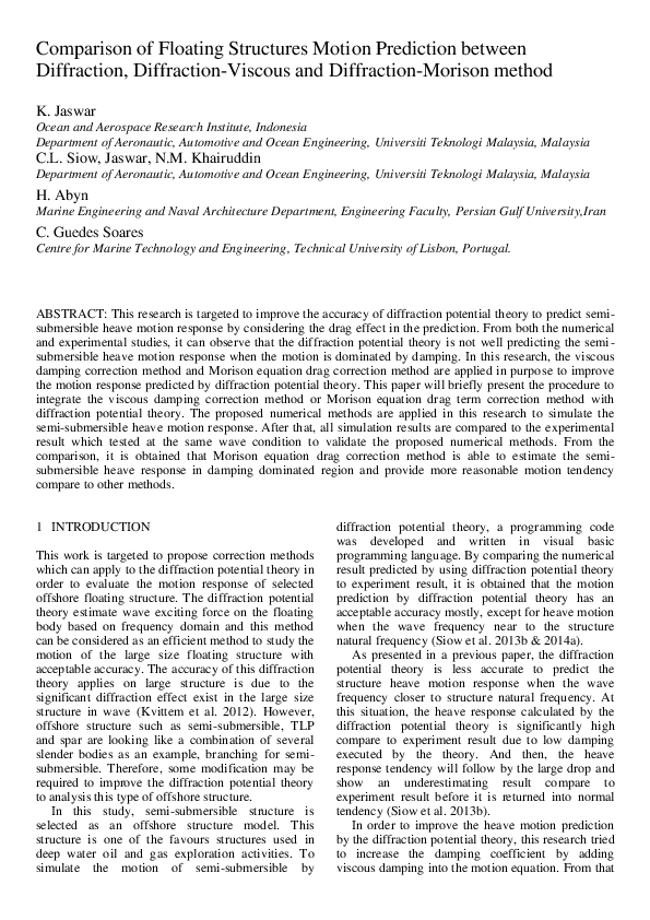 Pdf Comparison Of Floating Structures Motion Prediction Between Diffraction Diffraction