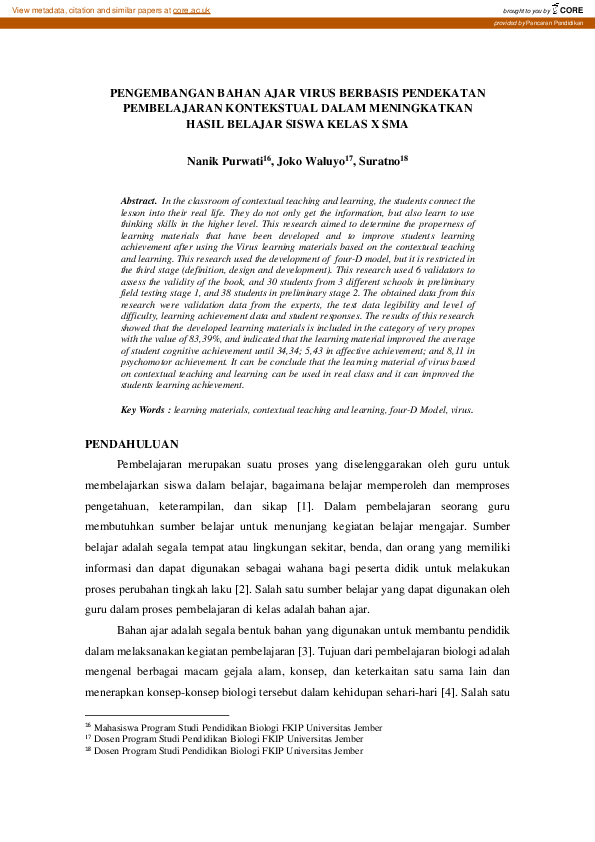 (PDF) Pengembangan Bahan Ajar Virus Berbasis Pendekatan Pembelajaran Kontekstual Dalam ...
