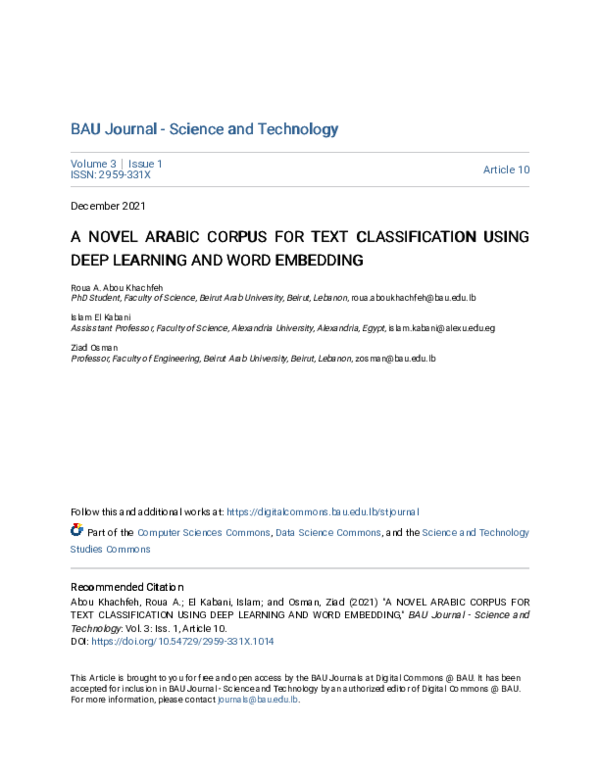 (PDF) A Novel Arabic Corpus for Text Classification Using Deep Learning and Word Embedding