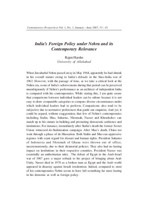 (PDF) India's Foreign Policy under Nehru and Its Contemporary Relevance