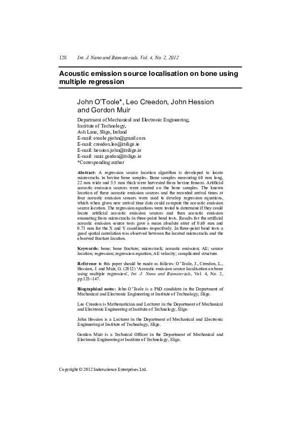 Pdf Acoustic Emission Source Localisation On Bone Using Multiple Regression Leo Creedon 