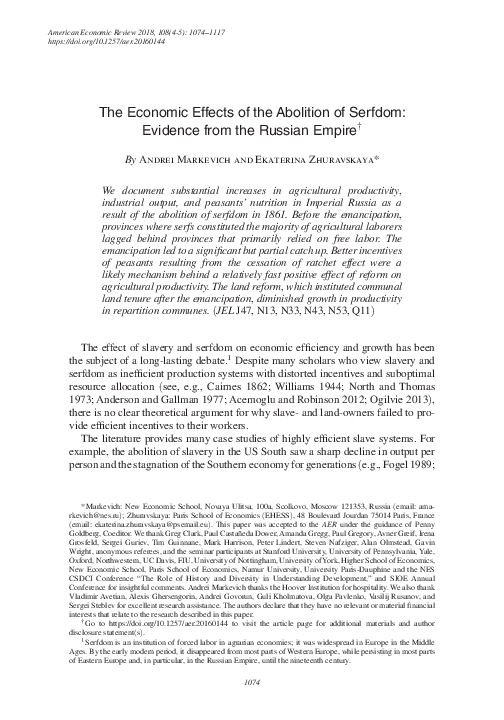 (PDF) Economic Effects of the Abolition of Serfdom: Evidence from the ...