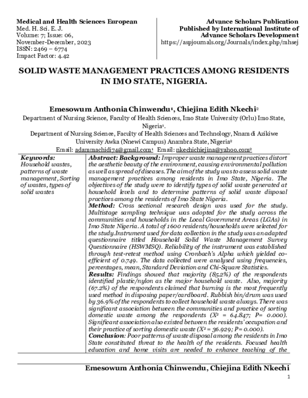 (PDF) SOLID WASTE MANAGEMENT PRACTICES AMONG RESIDENTS IN IMO STATE ...