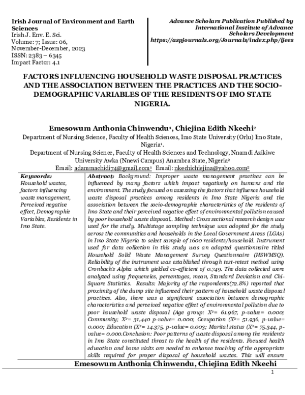 (PDF) FACTORS INFLUENCING HOUSEHOLD WASTE DISPOSAL PRACTICES AND THE ...