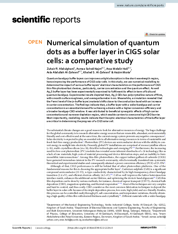 Pdf Numerical Simulation Of Quantum Dots As A Buffer Layer In Cigs