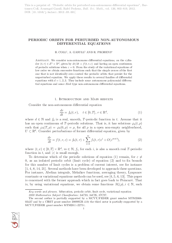 (PDF) Periodic orbits for perturbed non-autonomous differential equations