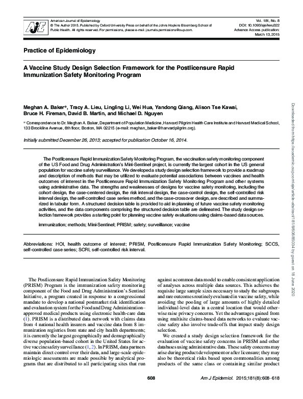 (PDF) A Vaccine Study Design Selection Framework for the Postlicensure ...