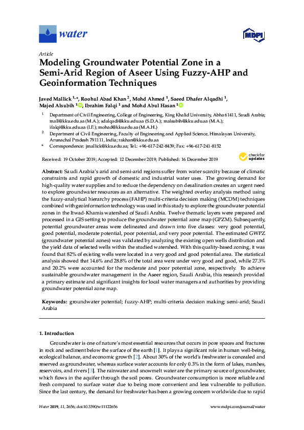 (PDF) Modeling Groundwater Potential Zone in a Semi-Arid Region of Aseer Using Fuzzy-AHP and ...