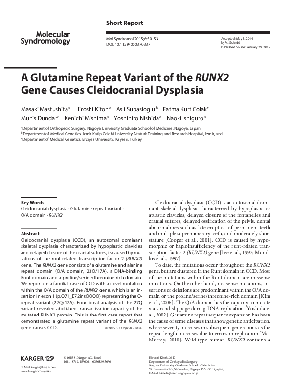 (PDF) A Glutamine Repeat Variant of the RUNX2 Gene Causes Cleidocranial ...