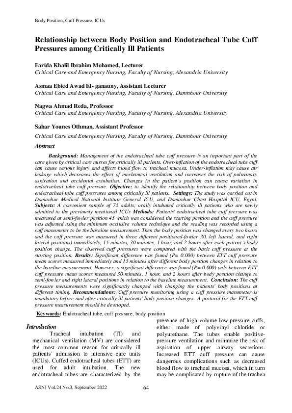 (PDF) Relationship between Body Position and Endotracheal Tube Cuff ...