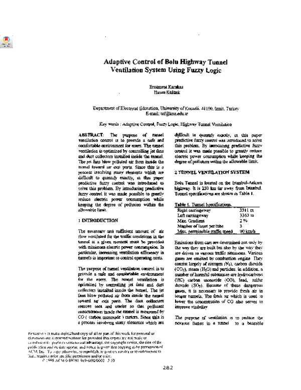 (PDF) Adaptive control of Bolu highway tunnel ventilation system using fuzzy logic