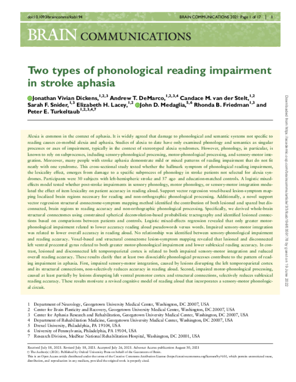 (PDF) Two types of phonological reading impairment in stroke aphasia