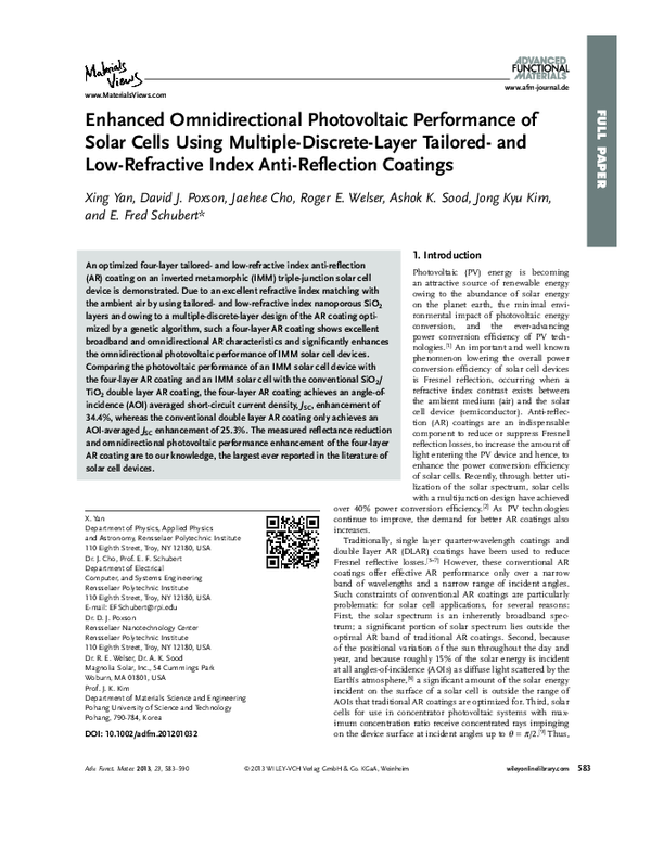 Pdf Enhanced Omnidirectional Photovoltaic Performance Of Solar Cells Using Multiple Discrete