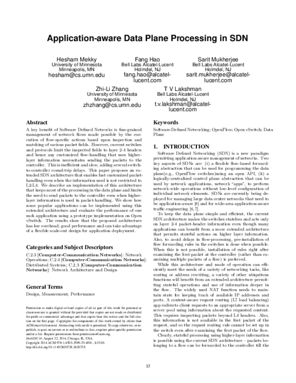 (PDF) Application-aware data plane processing in SDN