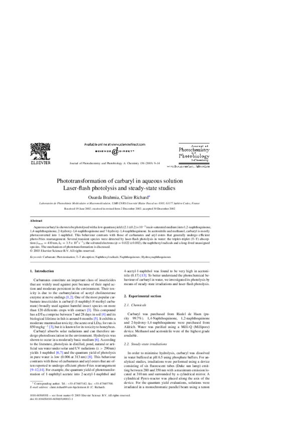 (PDF) Phototransformation of carbaryl in aqueous solution
