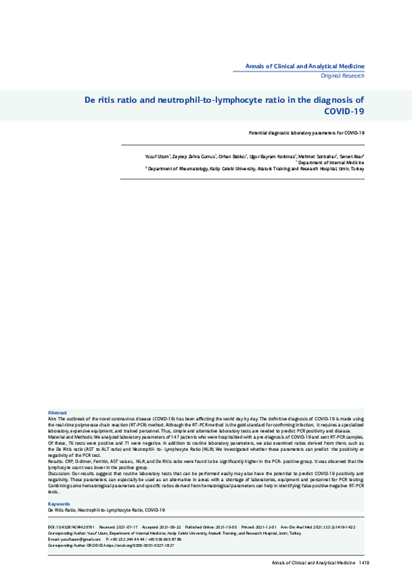 (PDF) De ritis ratio and neutrophil-to-lymphocyte ratio in the ...