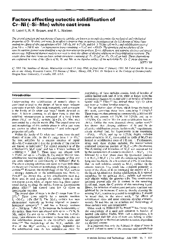 (PDF) Factors affecting eutectic solidification of Cr–Ni (–Si–Mn) white cast irons