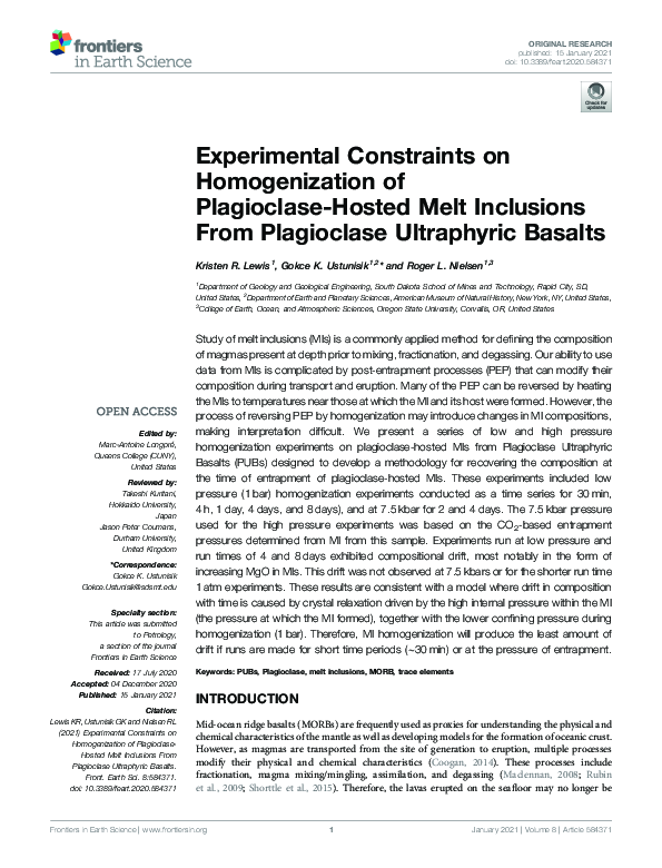 (PDF) Experimental Constraints on Homogenization of Plagioclase-Hosted Melt Inclusions From ...