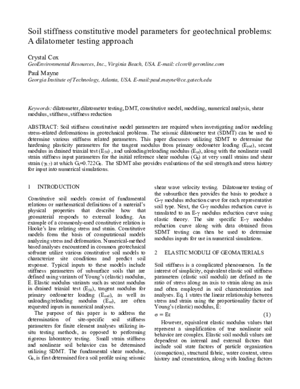 (PDF) Soil stiffness constitutive model parameters for geotechnical problems : A dilatometer ...