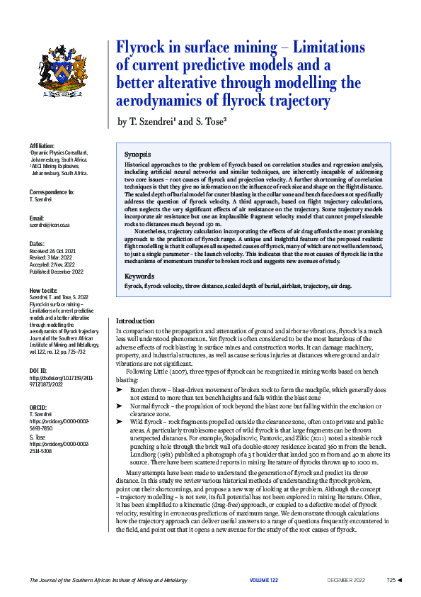 (PDF) Flyrock in surface mining - Limitations of current predictive models and a better ...