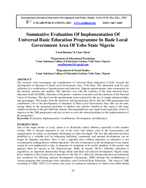 (PDF) Summative Evaluation Of Implementation Of Universal Basic Education Programme In Bade ...