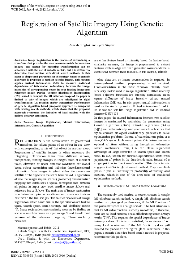 (PDF) Registration of Satellite Imagery Using Genetic Algorithm