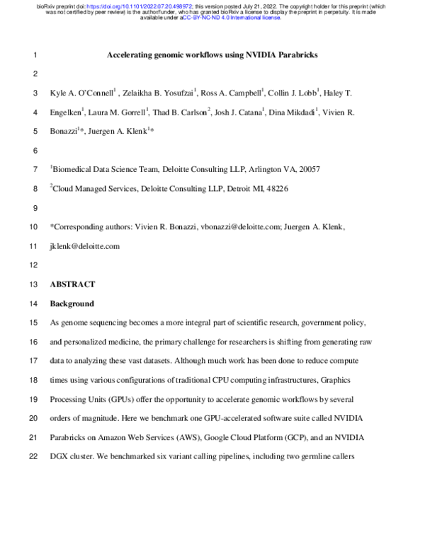 (PDF) Accelerating genomic workflows using NVIDIA Parabricks